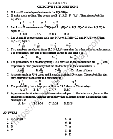 CBSE Class 12 Mathematics Probability MCQs Set A with Answers